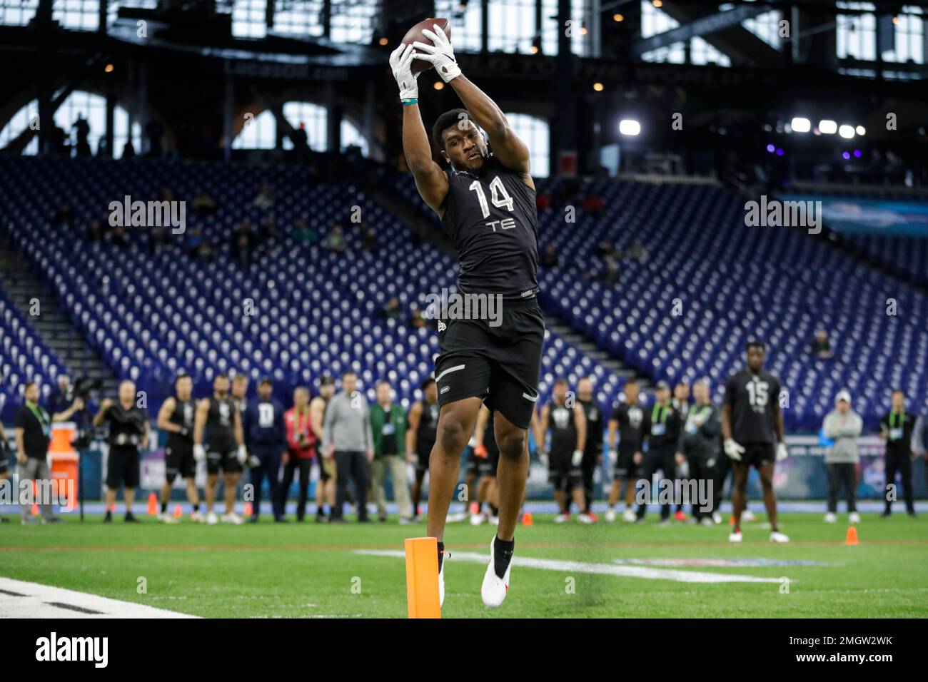 Vanderbilt tight end Jared Pinkney runs a drill at the NFL football ...