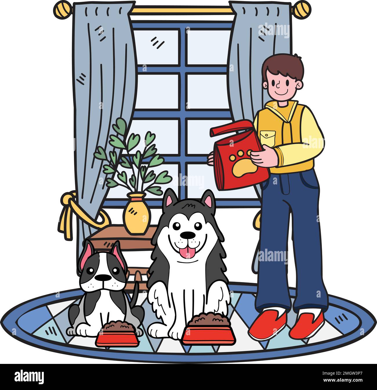 Hand Drawn male owner Feeding the dog in the room illustration in ...