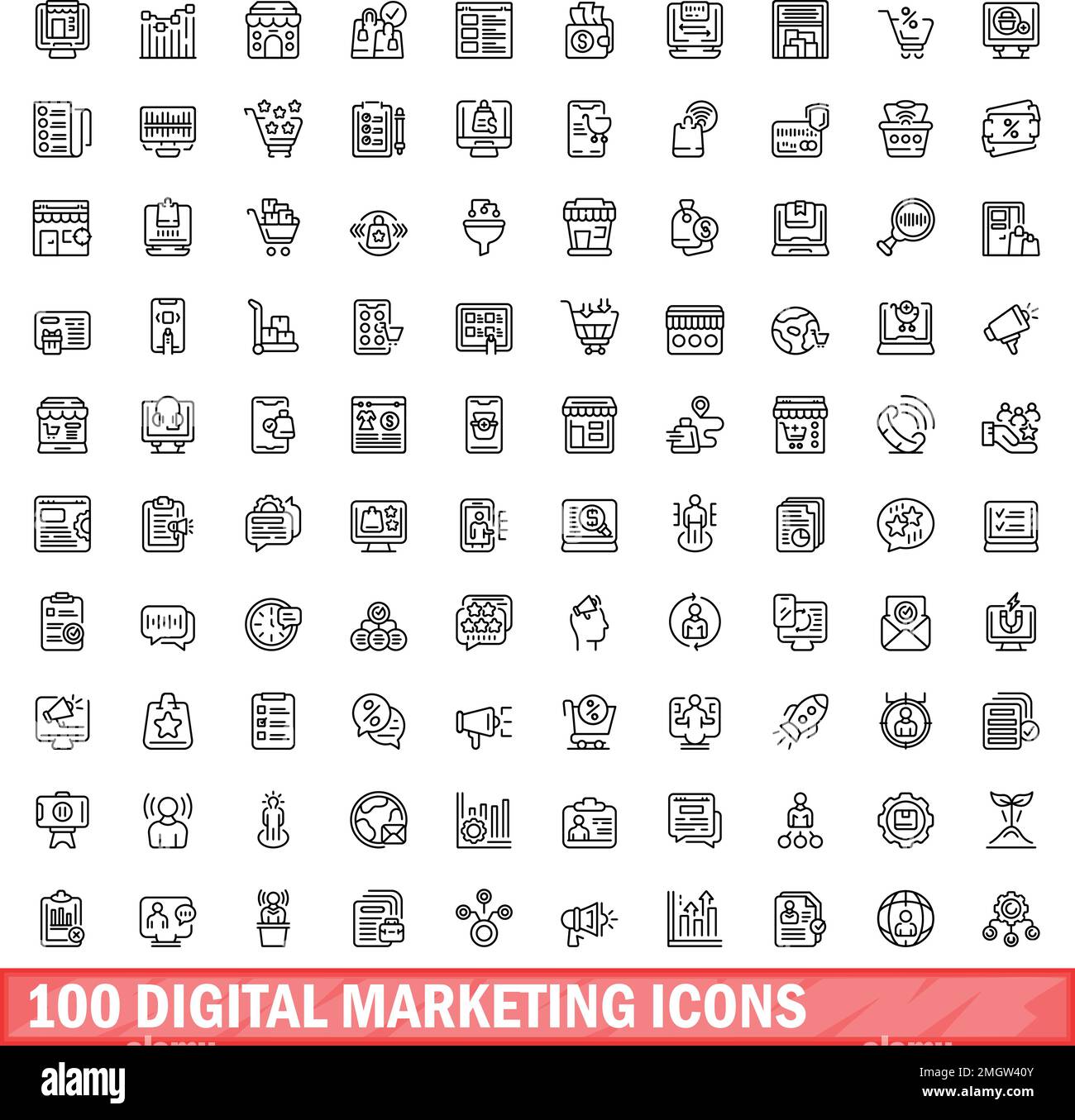 100 digital marketing icons set. Outline illustration of 100 digital ...