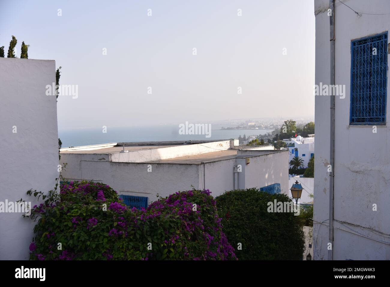 White-blue city of Sidi Bou Said, Tunisia. Eastern fairy tale with a ...