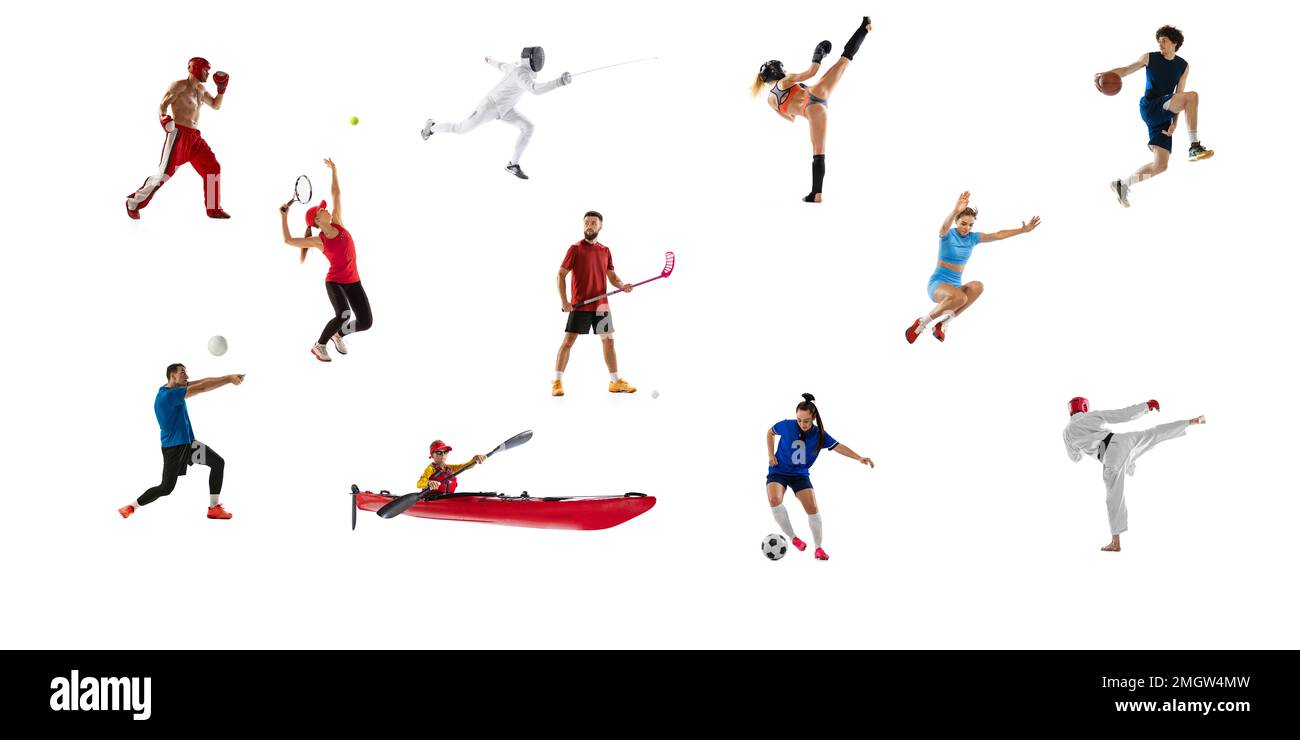 Set of different people doing various kind of sports isolated over ...