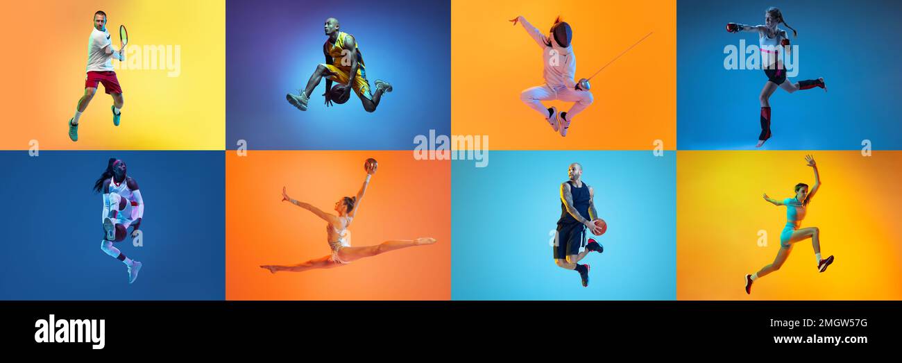 Collage. Dynamic shots of different people in a jump, training isolated ...