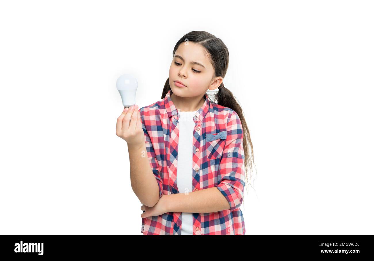 photo of serious teen genius girl with bulb. teen genius girl isolated ...