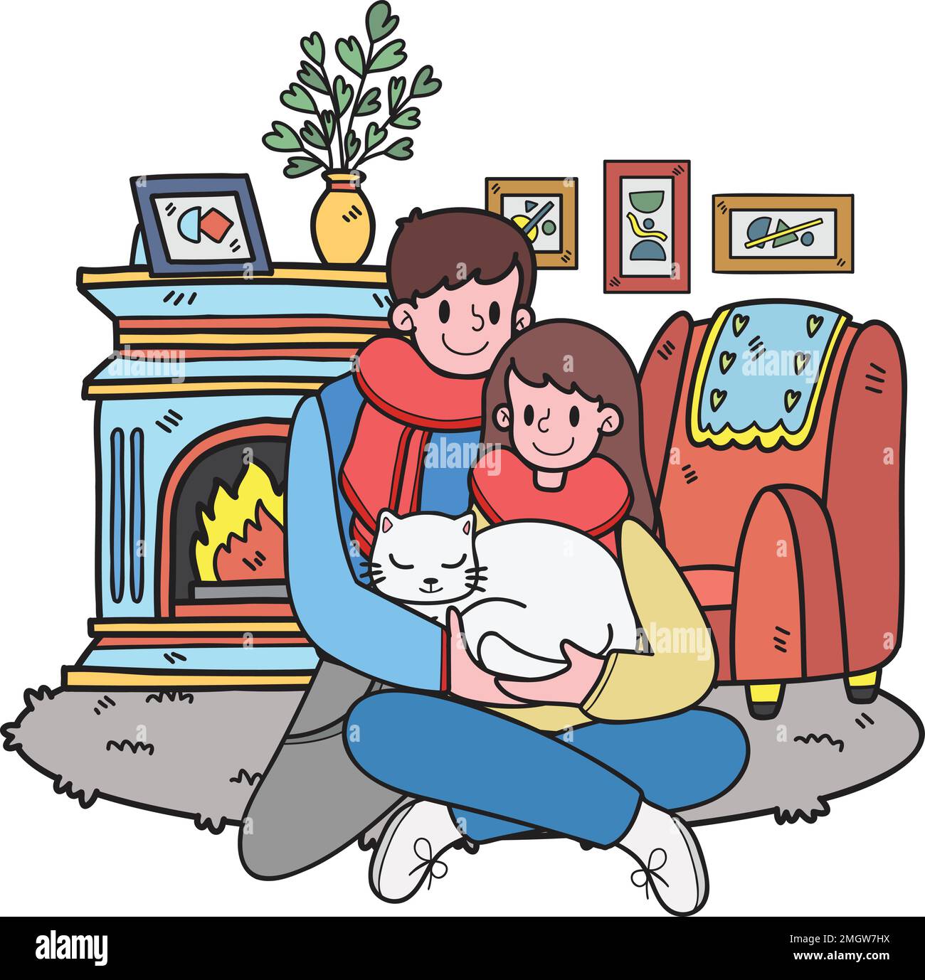 Hand Drawn Man and woman couple hugging a cat in the room illustration ...