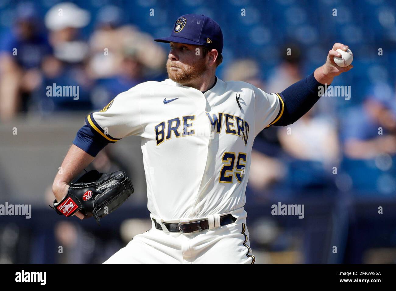 Milwaukee Brewers starting pitcher Brett Anderson works against a ...