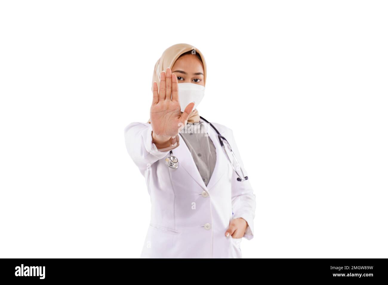 a beautiful doctor with hijab standing with stopping hand gesture Stock ...