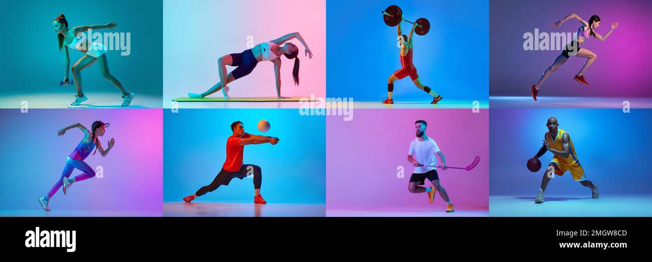 Collage. Different sportive people, professional athletes training ...