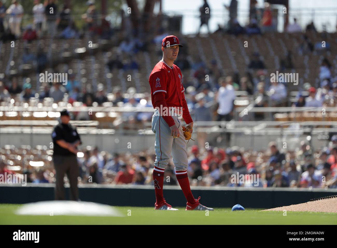 Los Angeles Angels starting pitcher Griffin Canning works against a Los ...