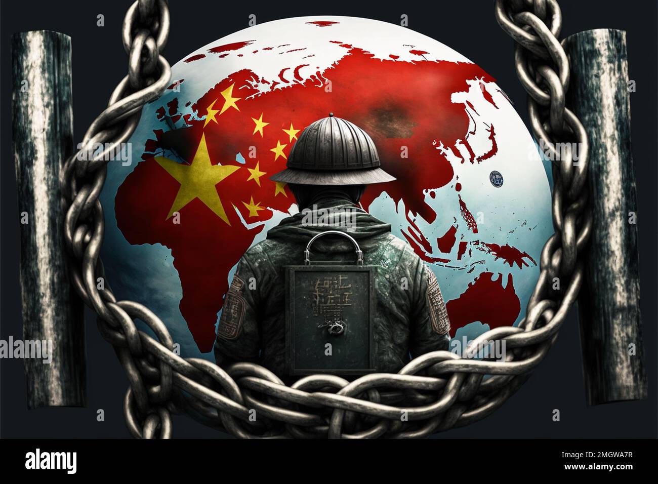 A Chinese soldier, chained to the Earth, with the Chinese flag in the ...