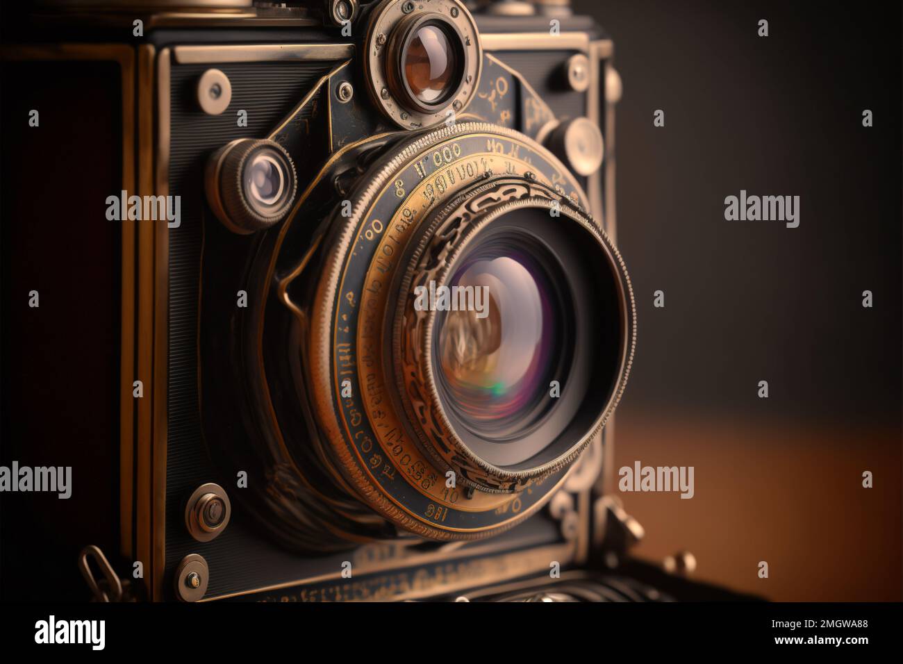 An old and vintage camera on a blurred brown background, with a classic ...