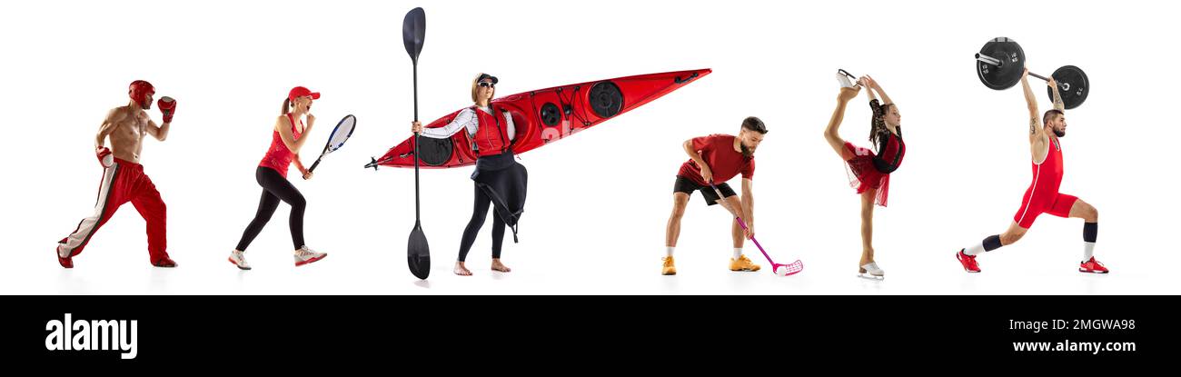 Set of different people training, doing various sports activity ...