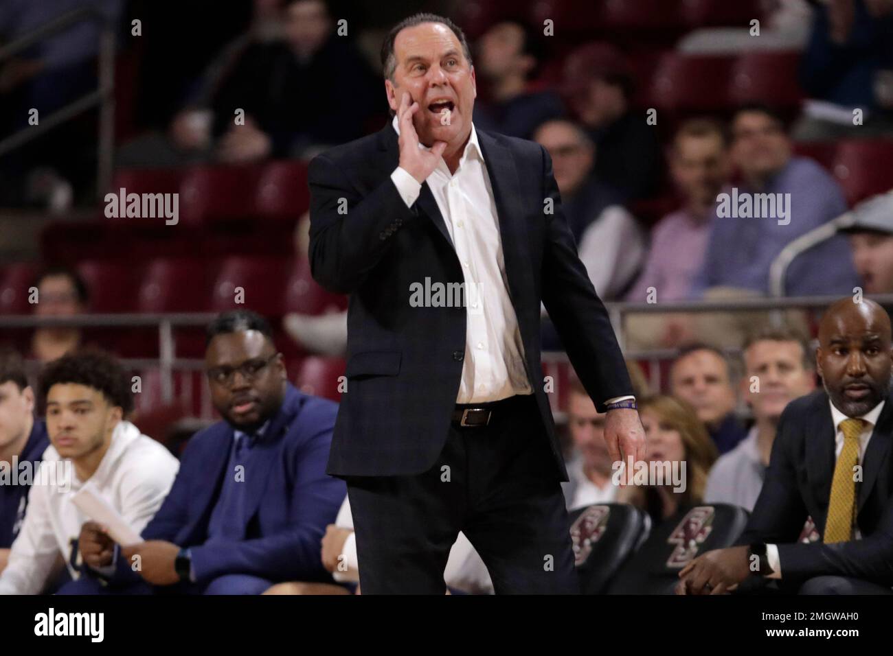 Notre Dame head coach Mike Brey calls to his players during the first ...