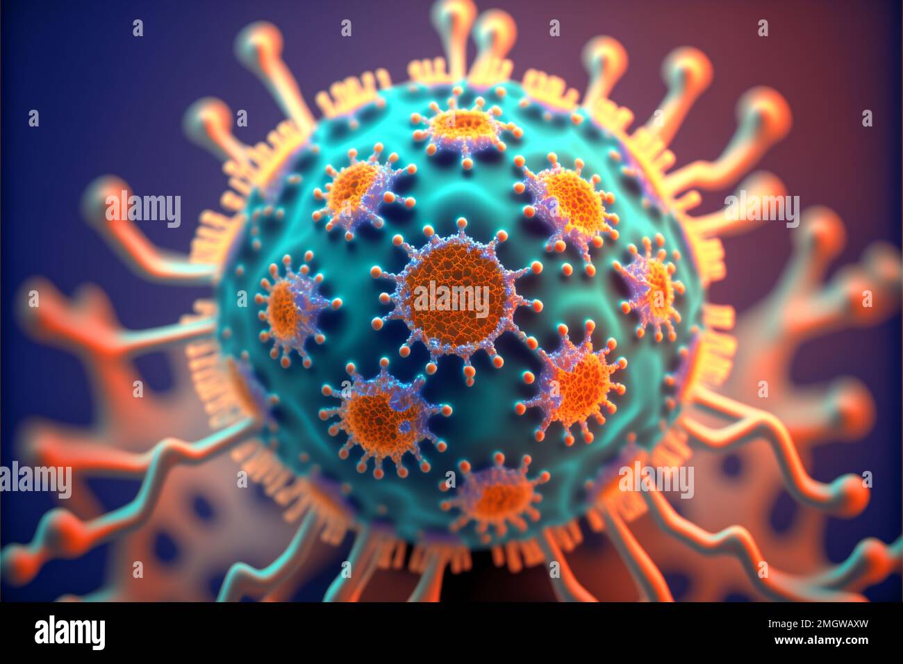 A close-up of a colorful round virus with legs around its perimeter ...