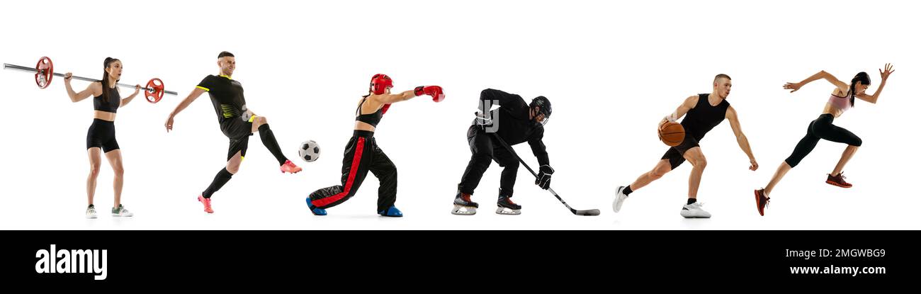 Sport collage of professional athletes training on white studio ...