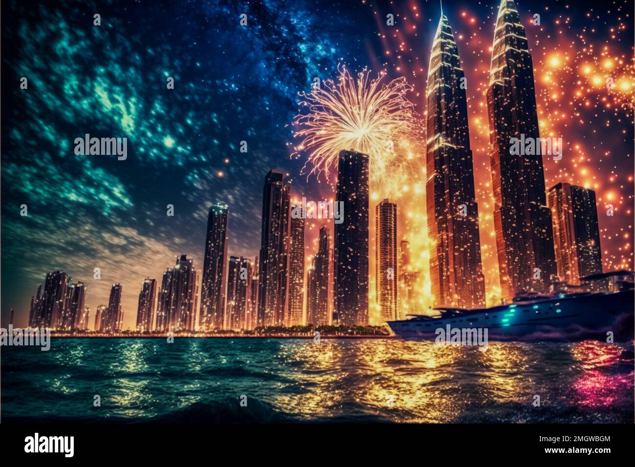 A vibrant illustration of fireworks exploding above towering ...
