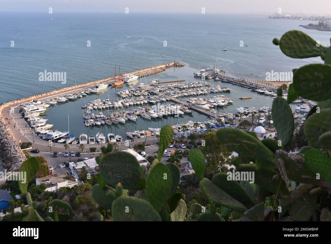 Port with yachts and ships in Sidi Bou Said. Copy space, wallpaper ...