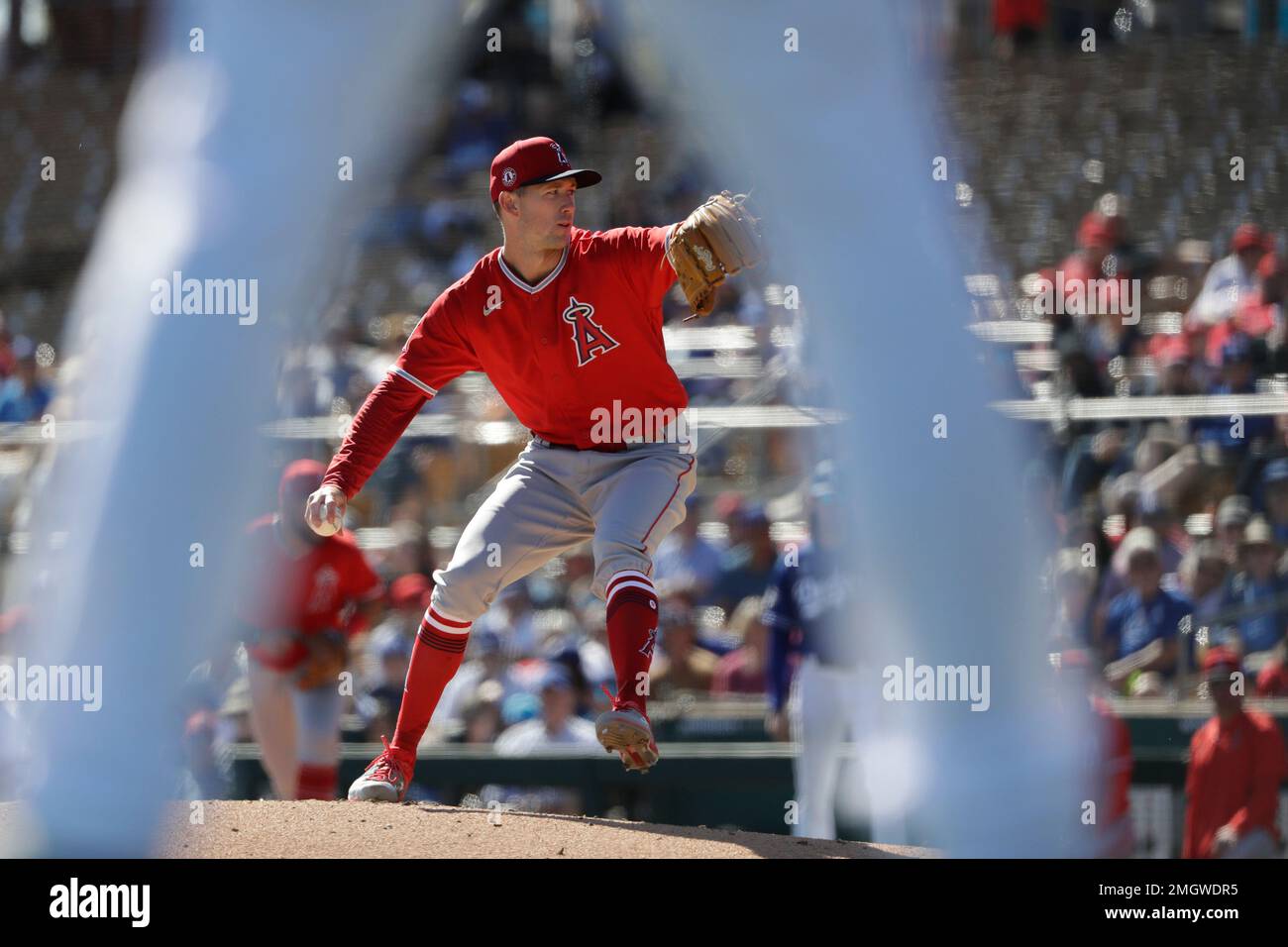 Los Angeles Angels starting pitcher Griffin Canning works against a Los ...