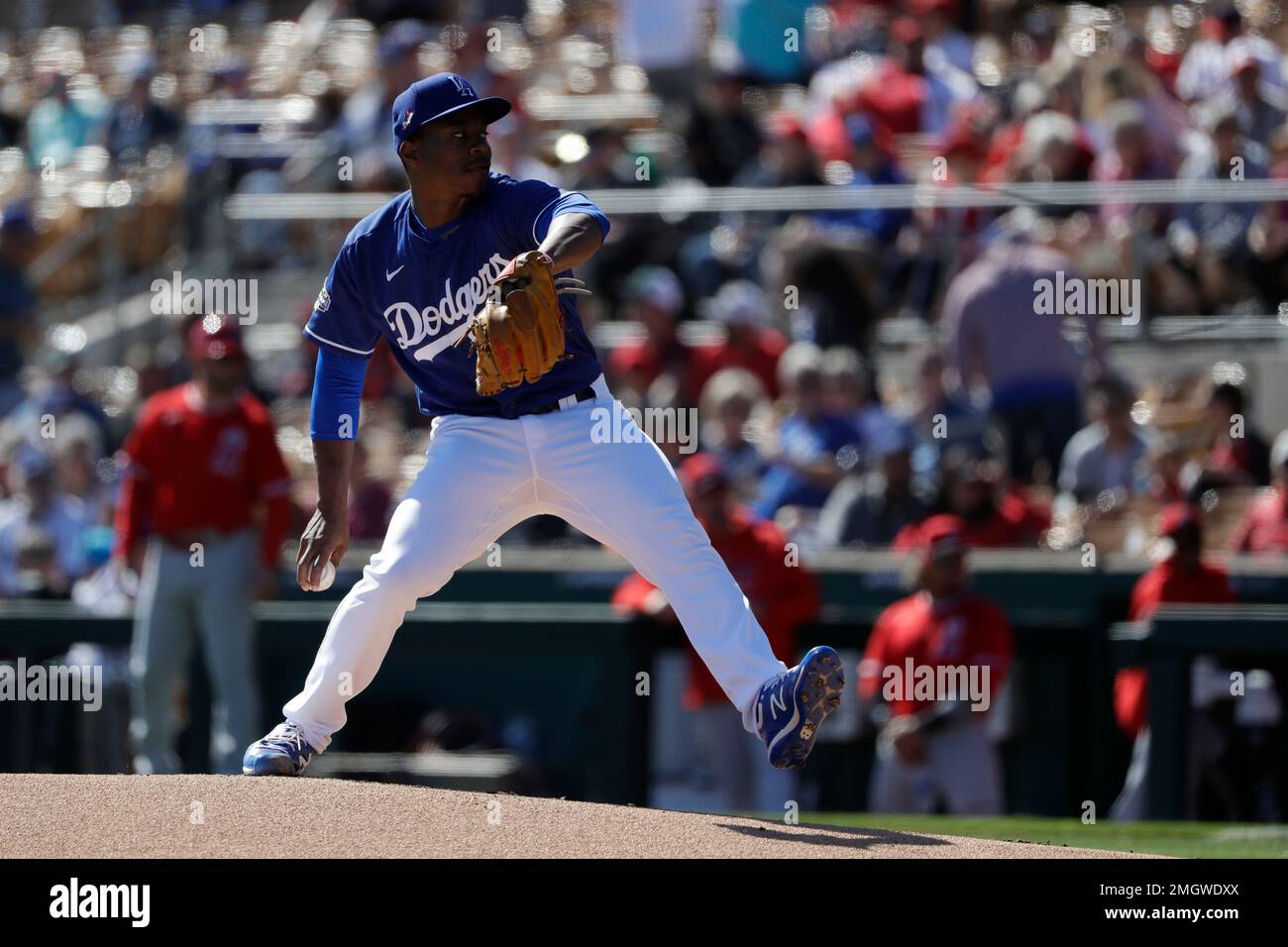 Los Angeles Dodgers starting pitcher Josiah Gray works against a Los ...