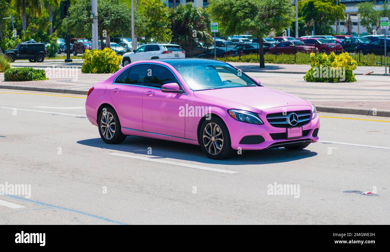 Miami Beach, Florida USA - April 15, 2021: pink mercedes benz c63 amg ...