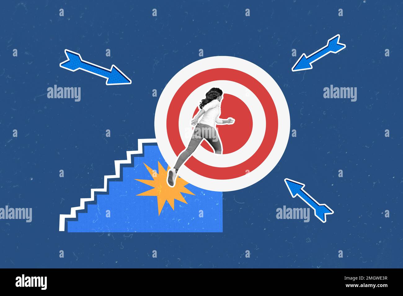 Creative trend collage of energetic determined woman jumping target ...