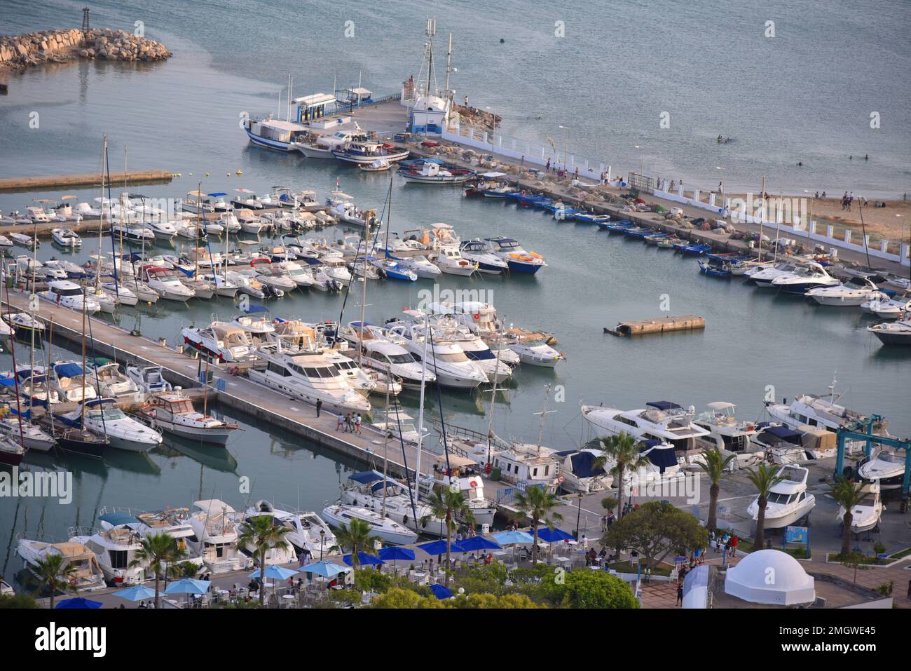 Port with yachts and ships in Sidi Bou Said. Copy space, wallpaper ...