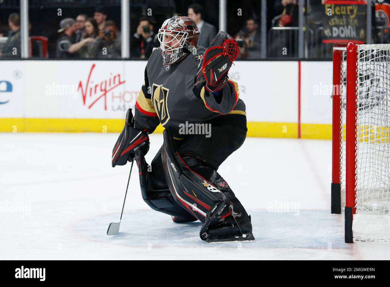 Vegas Golden Knights goaltender Robin Lehner (90) warms up before an ...