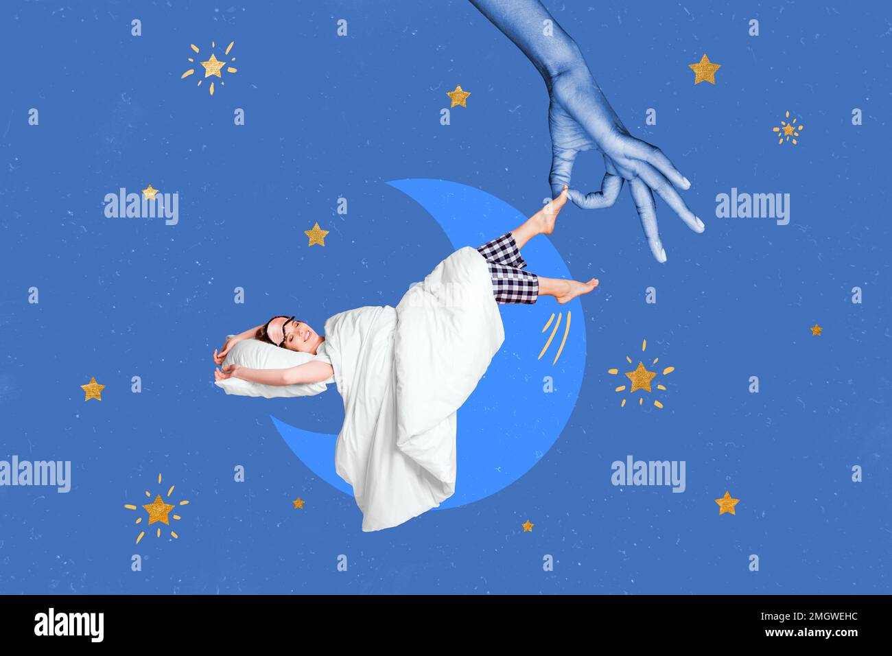 Creative collage image of young sweet sleeping woman arm pulling leg ...