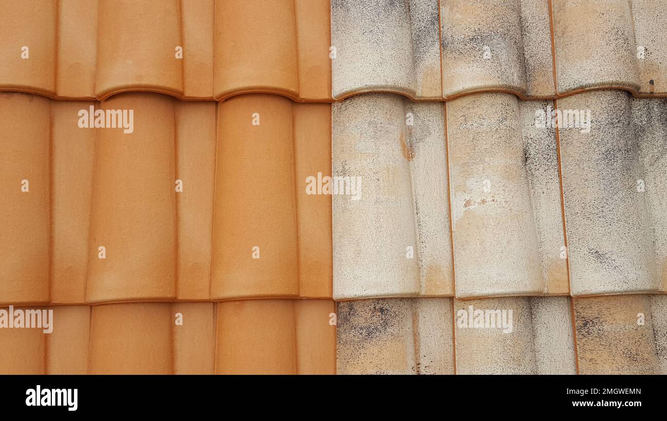 before after roof restauration tiles half clean and dirty Stock Photo ...
