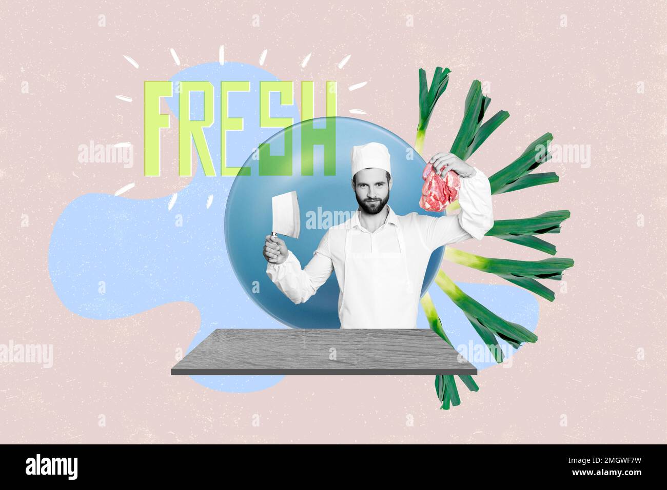 Creative drawing collage picture of young chef cook fresh meat sharp ...
