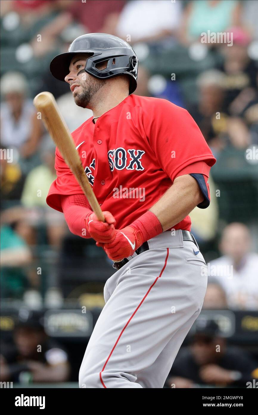 Boston Red Sox's Kevin Plawecki hits a single during the first inning ...