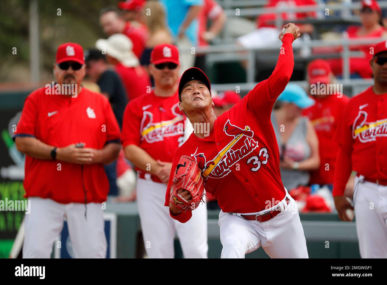 St. Louis Cardinals pitcher Kwang-Hyun Kim warms up before the start of ...