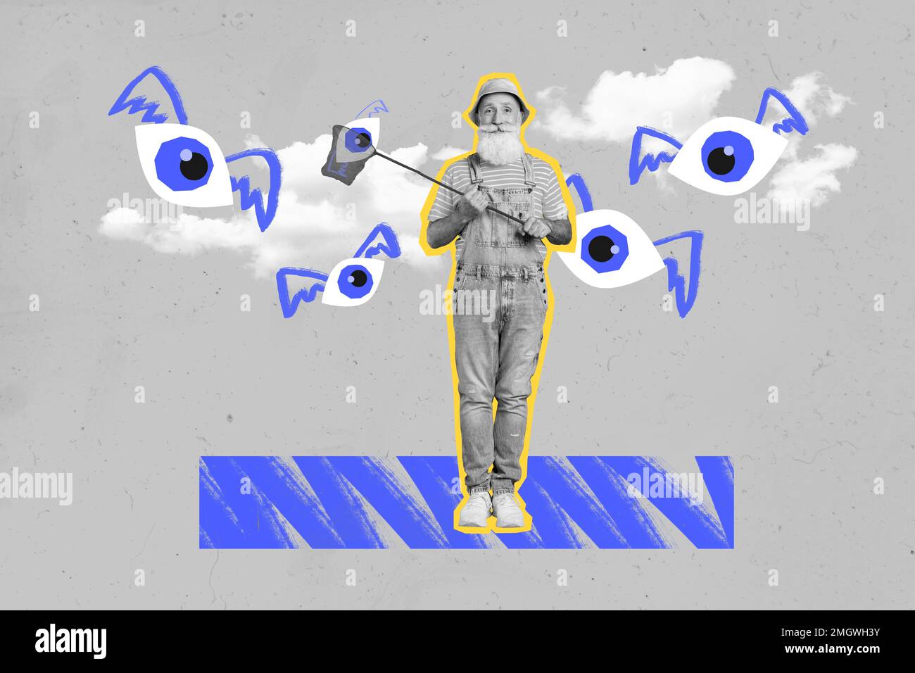 Composite collage image of retired man hold fishing net flying eyes ...