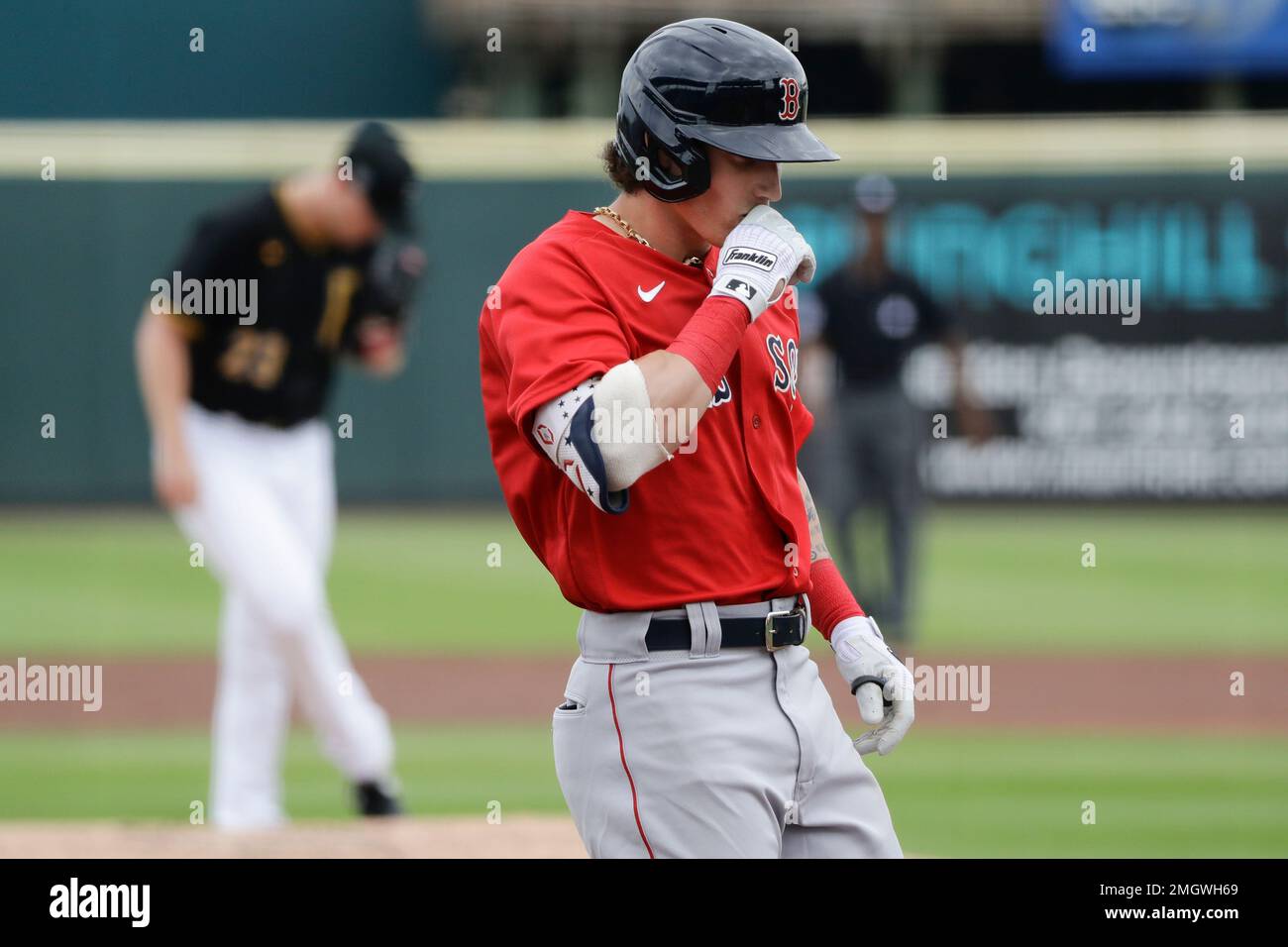 Boston Red Sox's Jarren Duran, right, celebrates after hitting two-run ...