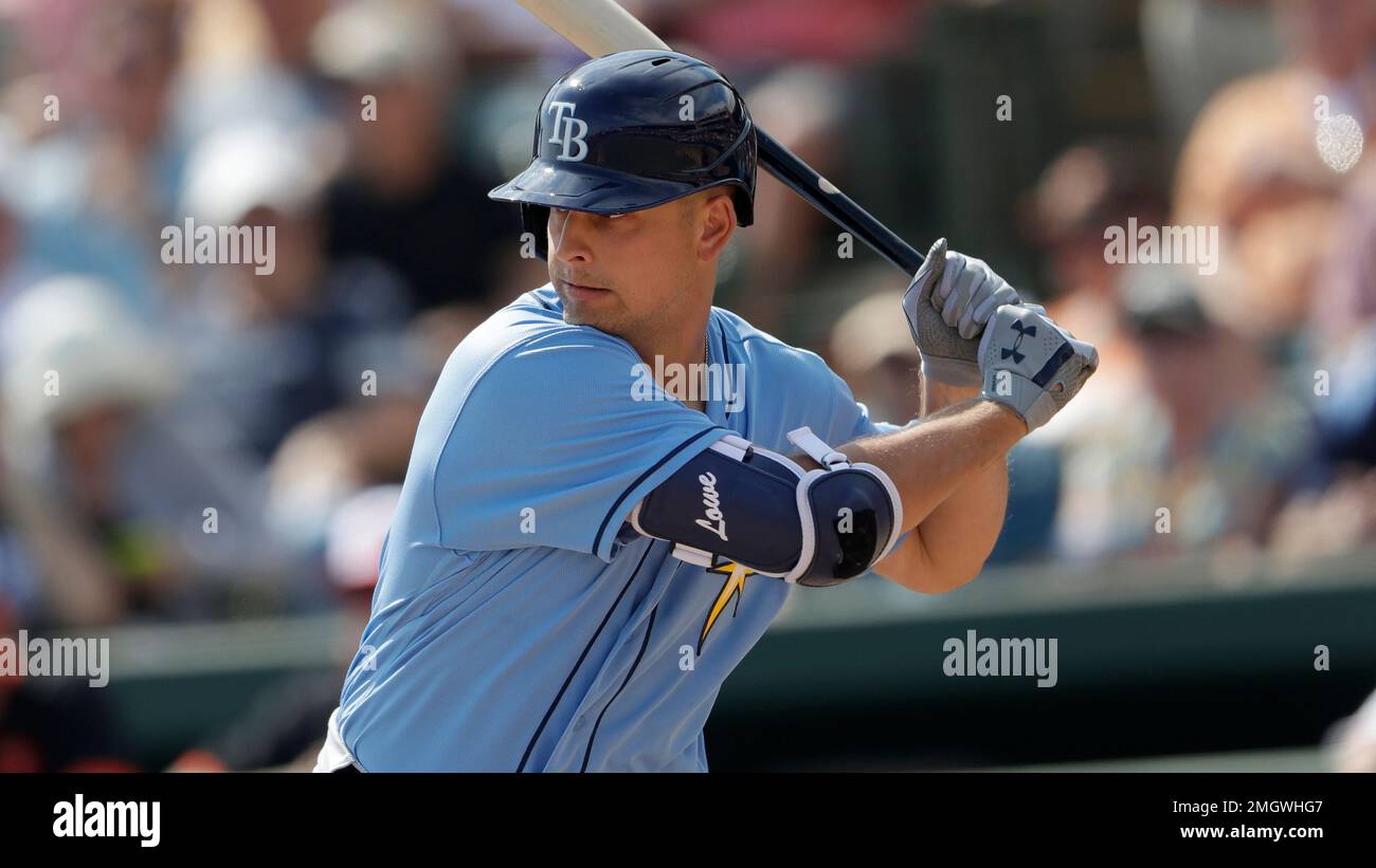 Tampa Bay Rays first baseman Nate Lowe (35) bats against the Baltimore ...