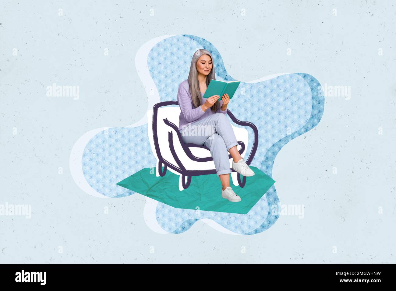 Exclusive magazine picture collage image of happy smiling lady sitting ...