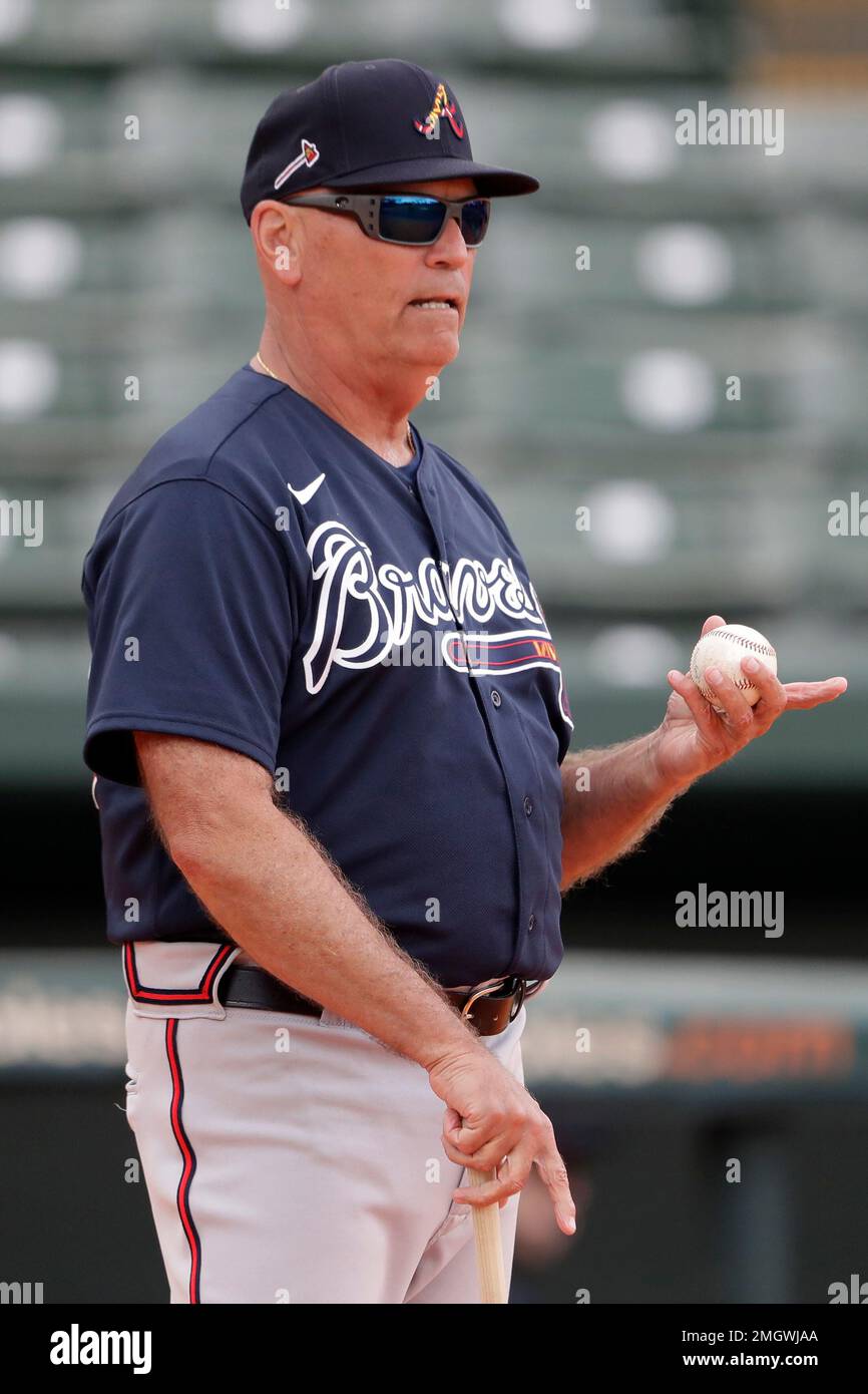 Atlanta Braves manager Brian Snitker (43) is shown before a spring ...