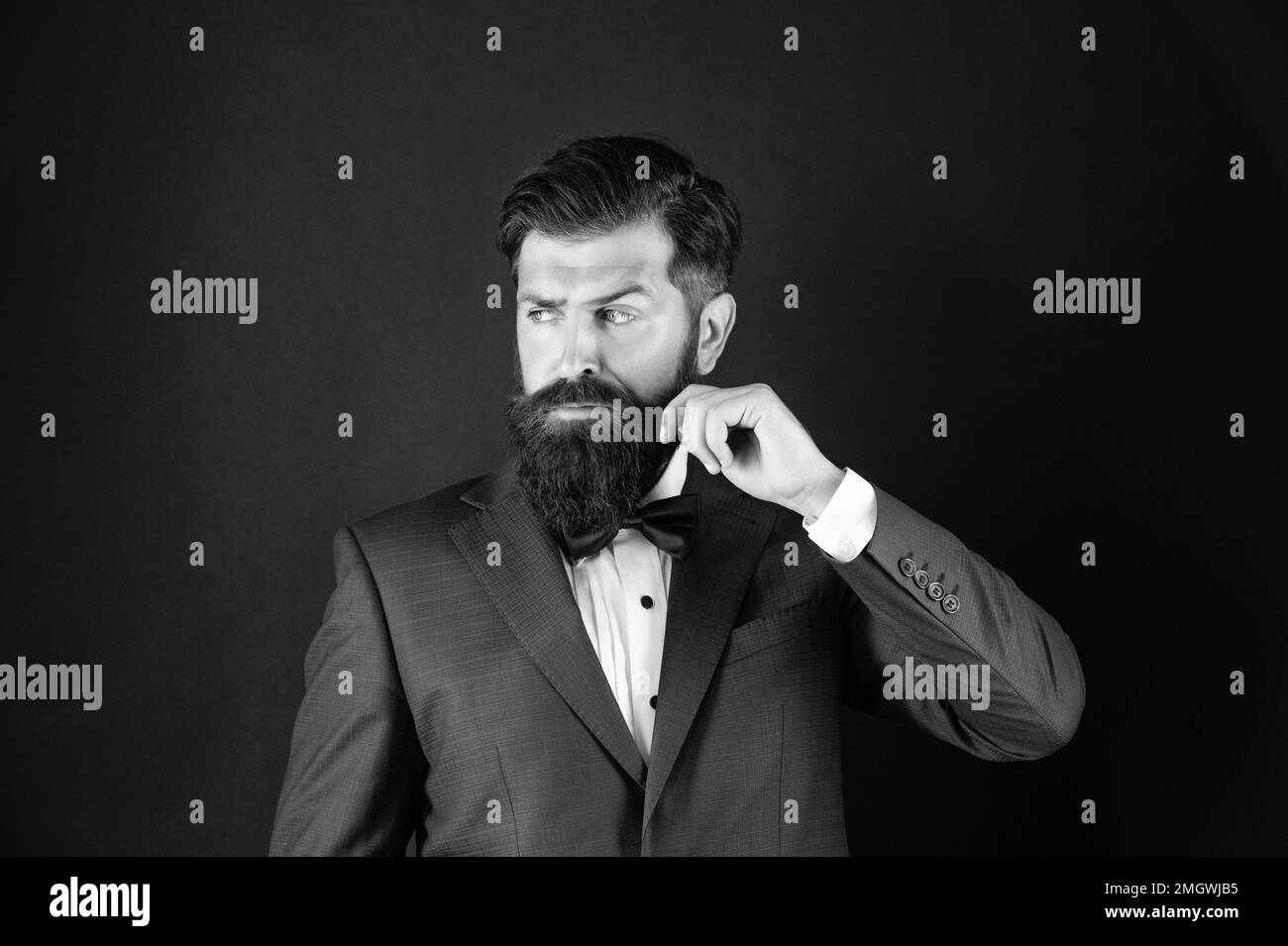 serious luxury man in tuxedo bow tie. man in formalwear on black ...
