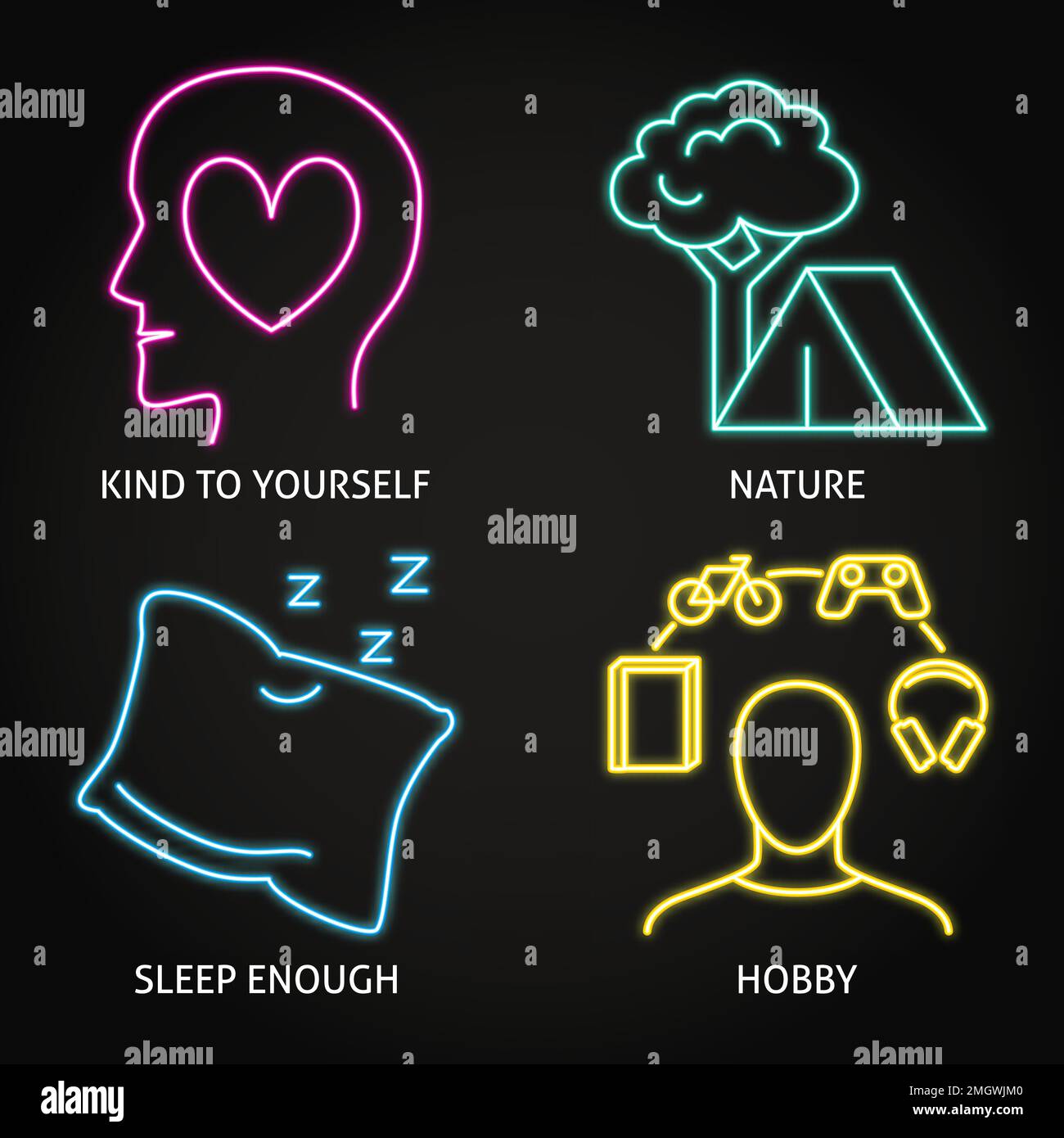 Neon stress relief ways icon set. Keeping good mental health. Vector ...