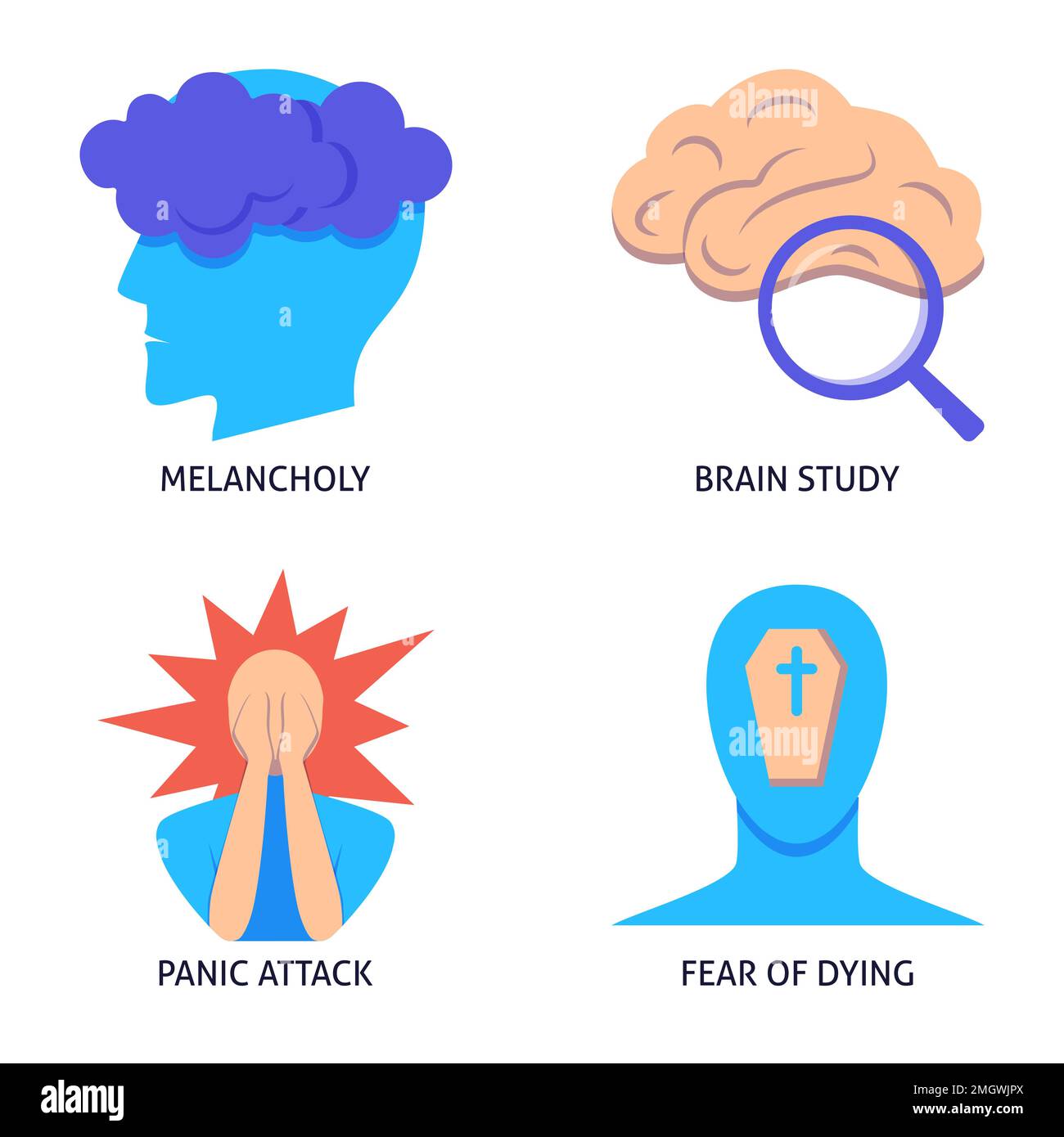 Stress and depression symptoms icon set in flat style. Vector ...