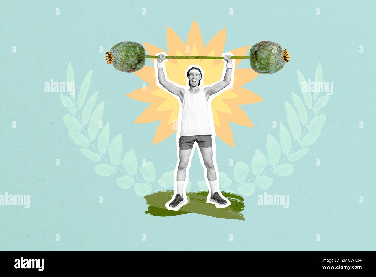 Creative poster collage of active strong young guy sportsman lifting ...