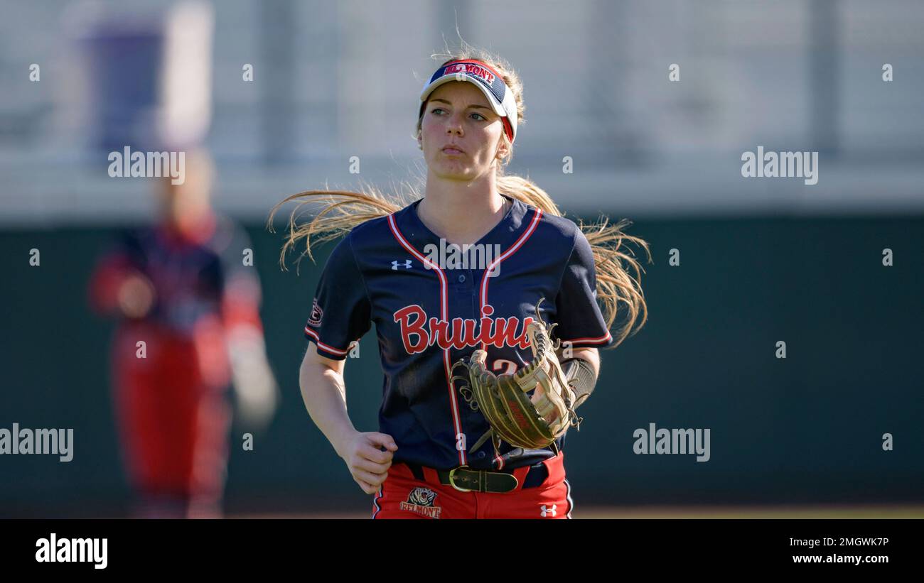 Belmont outfielder Cheyenne Cavanaugh runs off the field during an NCAA ...