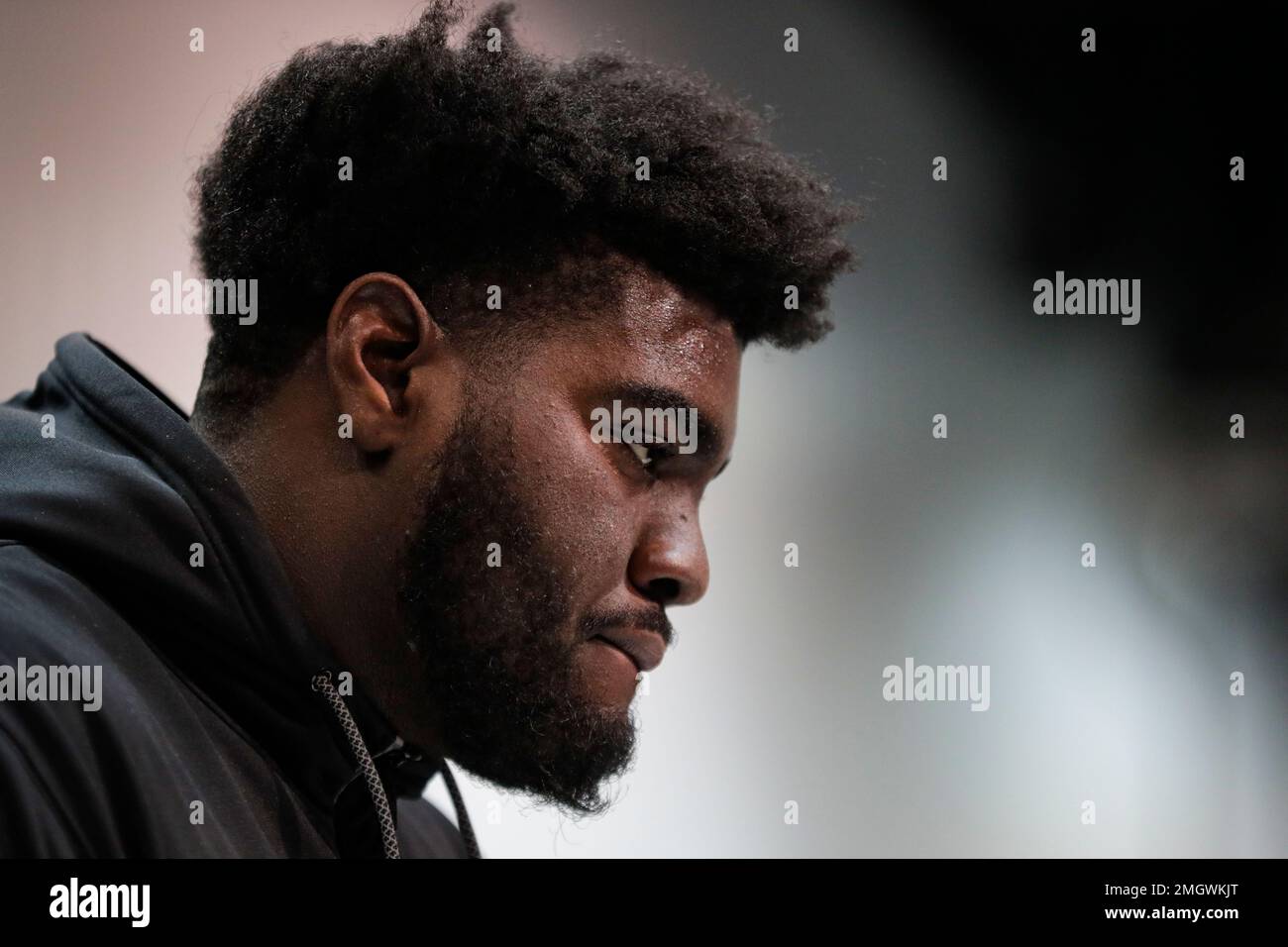 Louisville offensive lineman Mekhi Becton speaks during a press ...