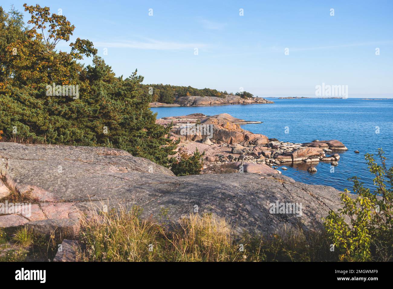 View of Hanko town coast, Hango, Finland, with beach and coastal ...