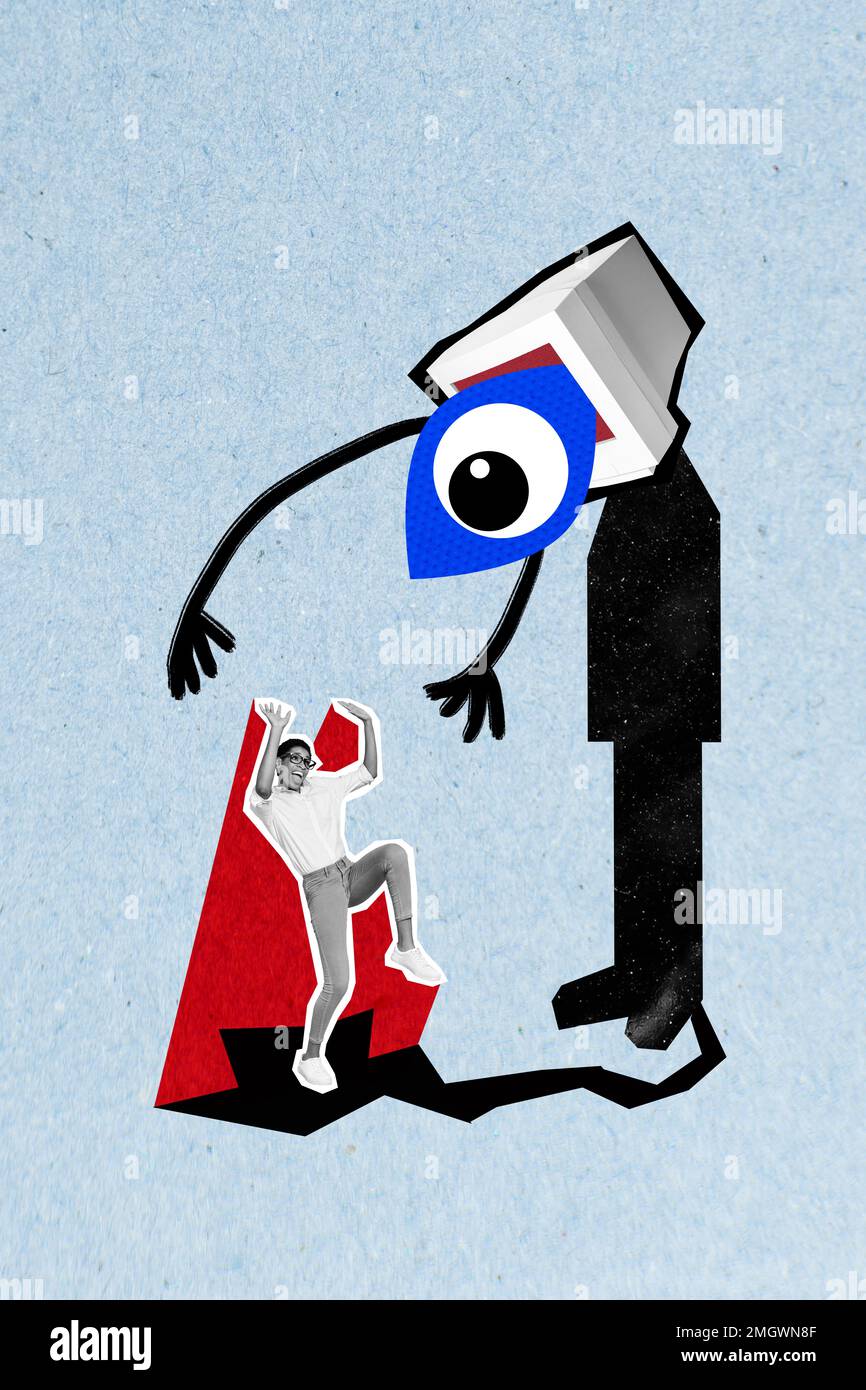 Creative trend collage of scared young girl avoid monster old computer ...