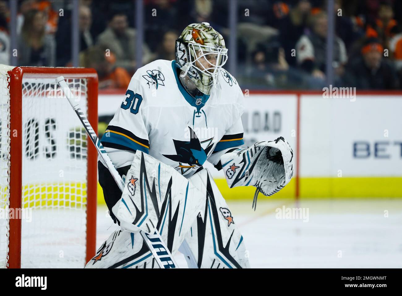 San Jose Sharks' Aaron Dell plays during an NHL hockey game against the ...