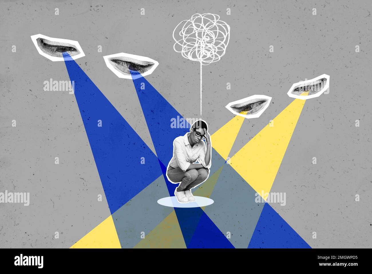 Collage 3d image of pinup pop retro sketch of depressed sad young woman ...