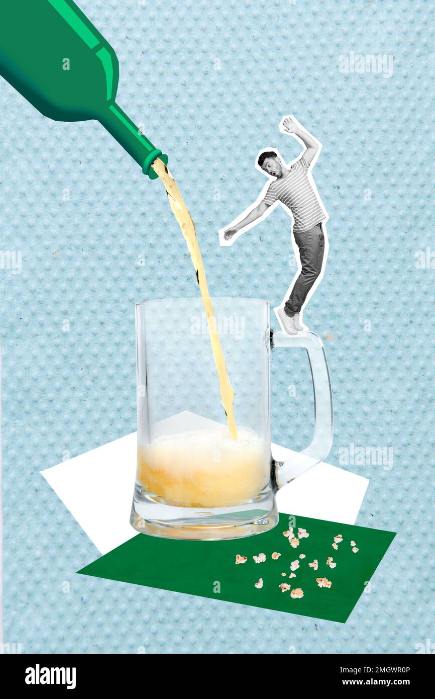 Collage artwork graphics picture of funny funky guy standing beer huge ...