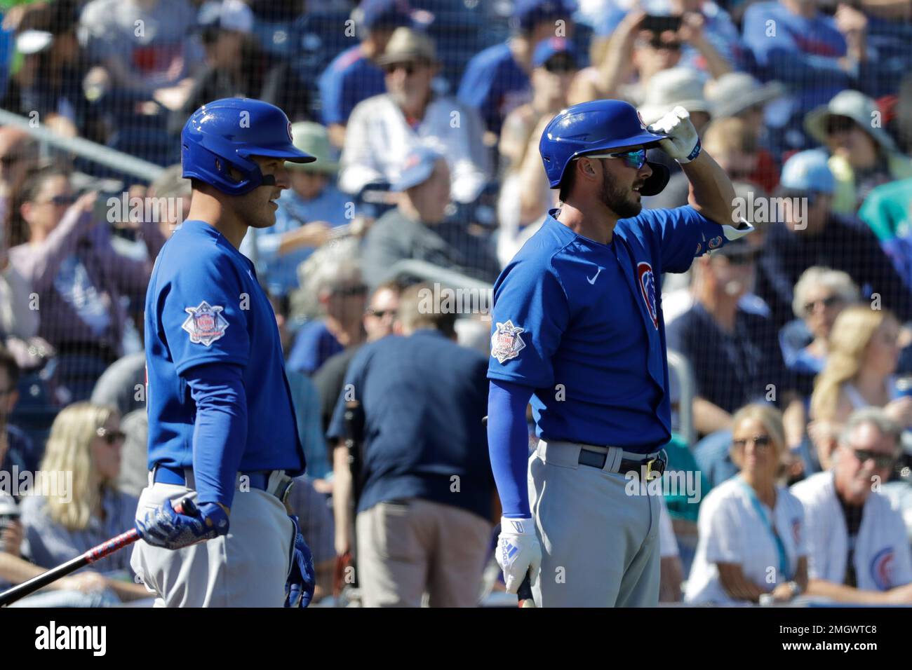Chicago Cubs' Anthony Rizzo and Kris Bryant wait to hit during a spring ...