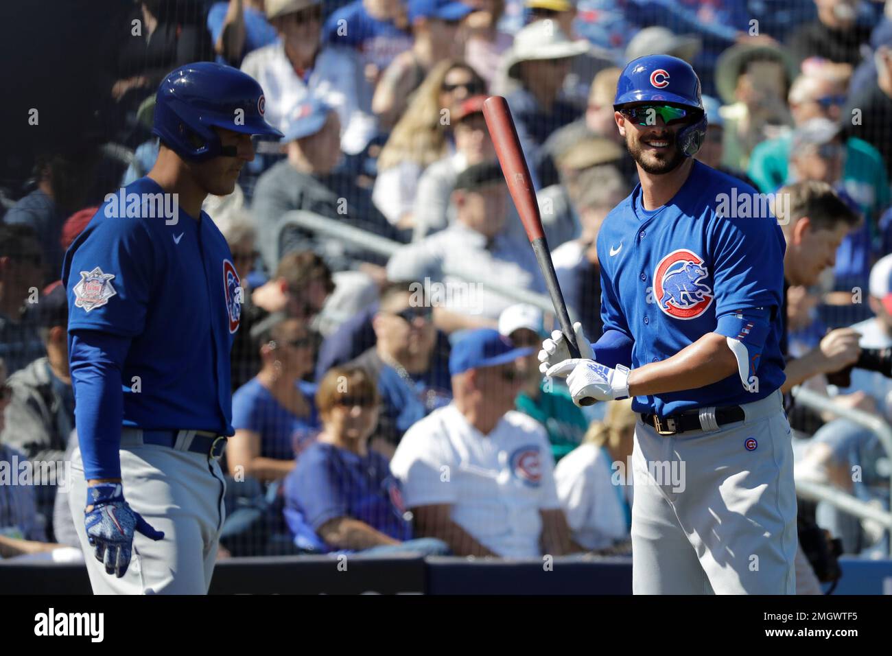 Chicago Cubs' Anthony Rizzo and Kris Bryant wait to hit during a spring ...