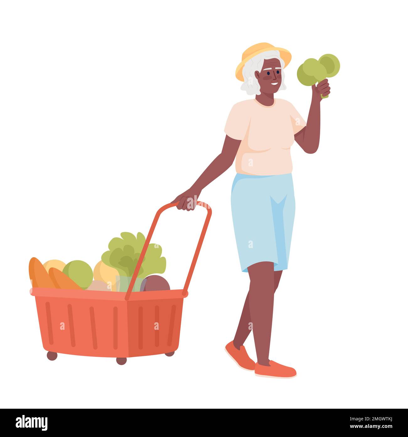 Senior woman with grocery cart semi flat color vector character ...
